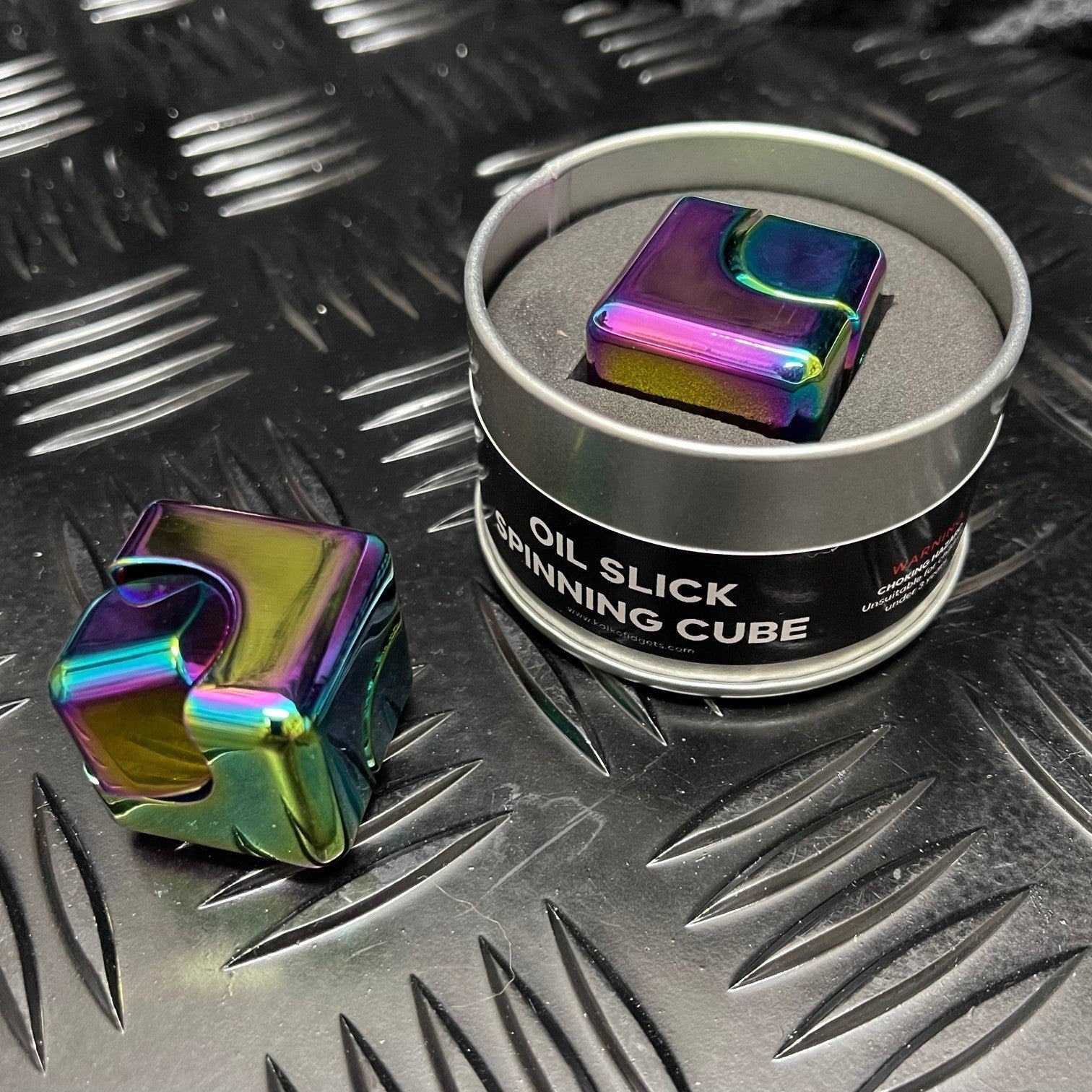 Kaiko Square Spinning Cube in Oil Slick Metal Spinning Cube Fidget ...